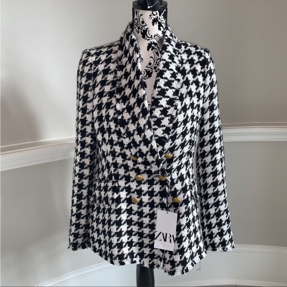 Zara | Jackets & Coats | Nwt Zara Tweed Black White Houndstooth Gold Button Blazer Jacket Size ...